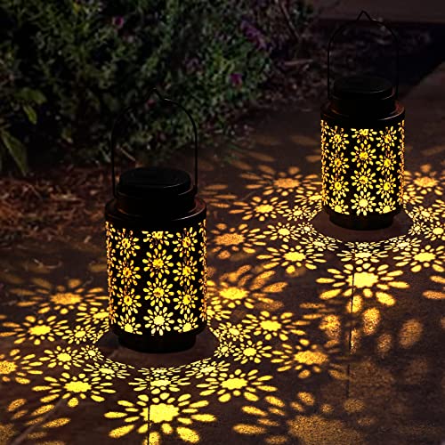 2 Pack Solar Lanterns Outdoor Hanging Retro Metal Landscape Lighting for Patio Yard Pathway Decorative, Crafted Garden Solar Lights Decor Indoor Long Lasting Performance Hollowed Out Pattern