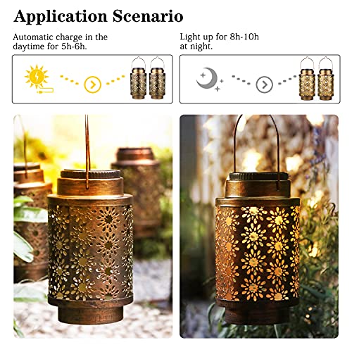 2 Pack Solar Lanterns Outdoor Hanging Retro Metal Landscape Lighting for Patio Yard Pathway Decorative, Crafted Garden Solar Lights Decor Indoor Long Lasting Performance Hollowed Out Pattern