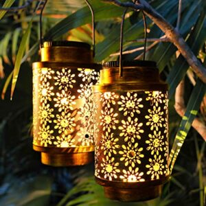 2 Pack Solar Lanterns Outdoor Hanging Retro Metal Landscape Lighting for Patio Yard Pathway Decorative, Crafted Garden Solar Lights Decor Indoor Long Lasting Performance Hollowed Out Pattern