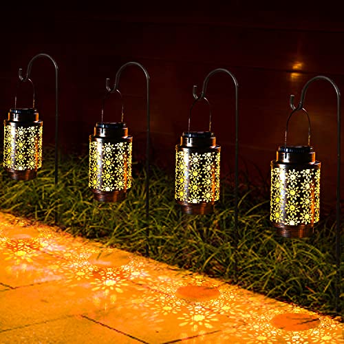 2 Pack Solar Lanterns Outdoor Hanging Retro Metal Landscape Lighting for Patio Yard Pathway Decorative, Crafted Garden Solar Lights Decor Indoor Long Lasting Performance Hollowed Out Pattern