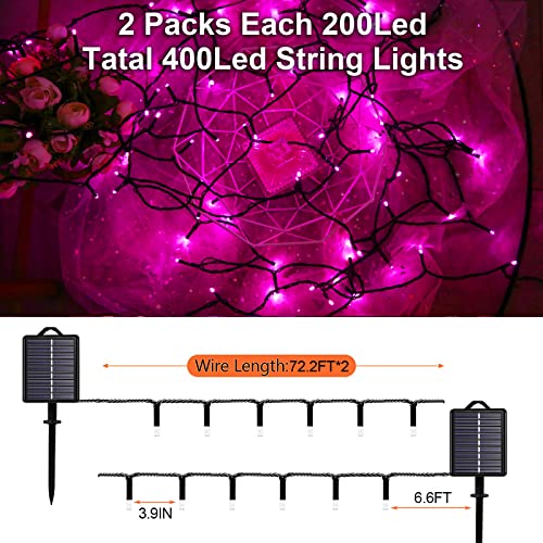 YAOZHOU Solar Christmas String Lights Outdoor Pink 2 Pack 144ft 400LED Fairy Lights with 8 Modes, IP44 Waterproof Lights for Tree Garden Patio Wedding Party Yard Decor