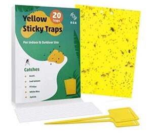 kgk sticky traps – 20 pack, dual-sided yellow sticky traps for fungus gnats, aphids, and other flying plant insects – 6×8 inches (twist ties and holders included)