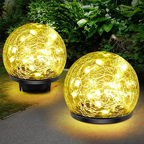 Keevvon Solar Garden Lights, 2 Pack Warm Cracked Glass Solar Globe Lights Outdoor Decoration, Upgraded Waterproof Warm White LED Ball Lights for Yard Pathway Patio Lawn Christmas Outside Decor, 4.73"