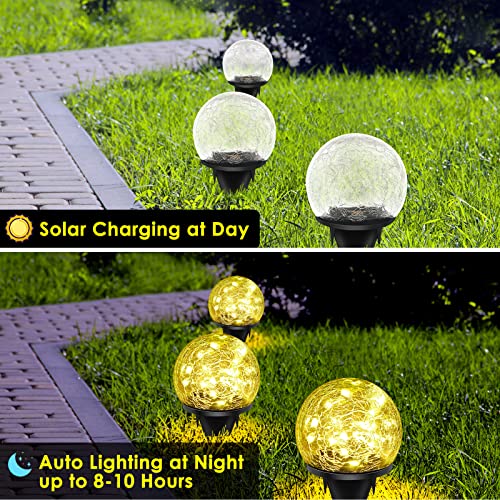 Keevvon Solar Garden Lights, 2 Pack Warm Cracked Glass Solar Globe Lights Outdoor Decoration, Upgraded Waterproof Warm White LED Ball Lights for Yard Pathway Patio Lawn Christmas Outside Decor, 4.73"