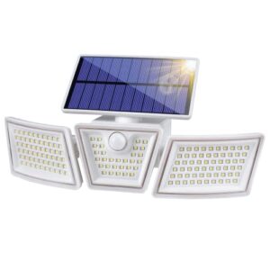 new solar lights outdoor,smy lighting motion sensor security lights with 265 leds 2400lumen, solar flood lights 3 adjustable heads,280° wide angle illumination,p65 waterproof for garden garage (1pack)