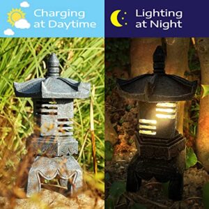 MIBUNG Solar Pagoda Lantern Outdoor Statue, Peaceful Pagoda Sculpture with Solar Lotus Light, Asian Decor Zen Garden Art Japanese Temple Pagoda Lamp for Patio Yard Lawn Home Decorations