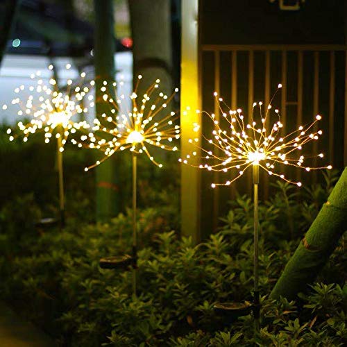 MOFAIRHOME 120LED Outdoor Solar Garden Lights, Waterproof 2 Flash Modes 50 Copper Wire String, Firework Stake Starburst Fairy Light, DIY Flowers Trees for Walkway Patio Lawn Backyard Christmas