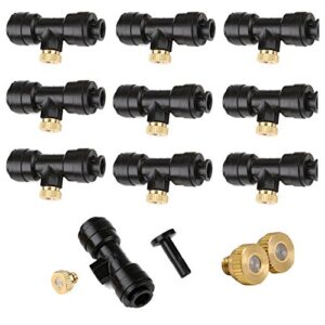 yotako 1/4” slip-lock misting nozzles kit, 12pcs brass misting nozzles 10pcs water misting nozzle tees thread misting nozzle tees with plugs for outdoor spray cooling system