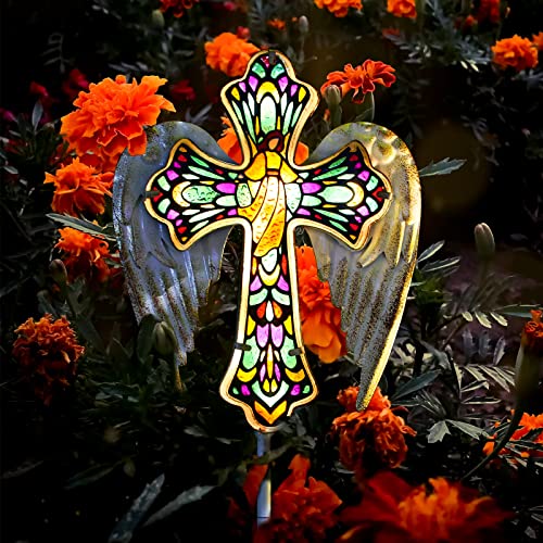 YJFWAL Solar Glass Cross Garden Stake Light, Cemetery Decorations for Grave Outdoor Lights, Jesus Cross Angel Wings Sympathy Memorial Gifts, for Garden Lawn Yard Patio Decor