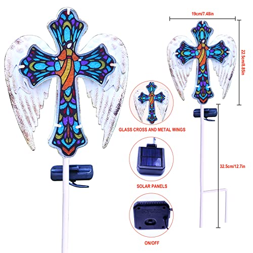 YJFWAL Solar Glass Cross Garden Stake Light, Cemetery Decorations for Grave Outdoor Lights, Jesus Cross Angel Wings Sympathy Memorial Gifts, for Garden Lawn Yard Patio Decor