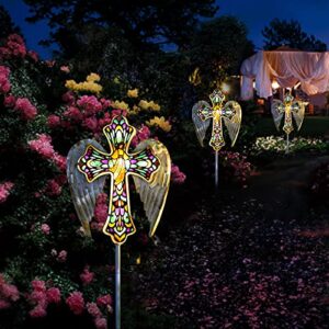 YJFWAL Solar Glass Cross Garden Stake Light, Cemetery Decorations for Grave Outdoor Lights, Jesus Cross Angel Wings Sympathy Memorial Gifts, for Garden Lawn Yard Patio Decor