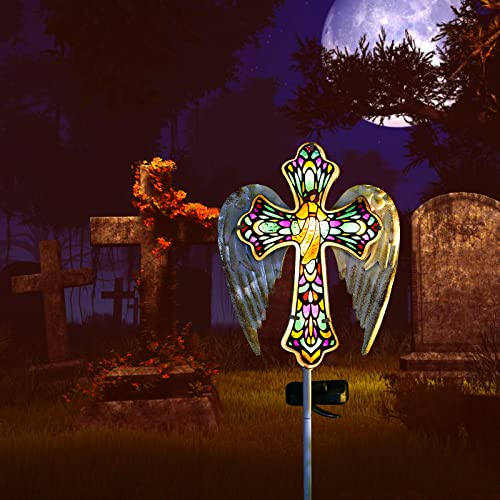 YJFWAL Solar Glass Cross Garden Stake Light, Cemetery Decorations for Grave Outdoor Lights, Jesus Cross Angel Wings Sympathy Memorial Gifts, for Garden Lawn Yard Patio Decor