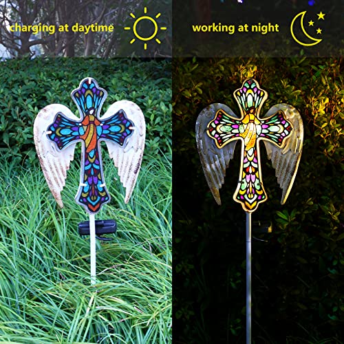 YJFWAL Solar Glass Cross Garden Stake Light, Cemetery Decorations for Grave Outdoor Lights, Jesus Cross Angel Wings Sympathy Memorial Gifts, for Garden Lawn Yard Patio Decor