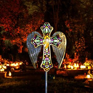 YJFWAL Solar Glass Cross Garden Stake Light, Cemetery Decorations for Grave Outdoor Lights, Jesus Cross Angel Wings Sympathy Memorial Gifts, for Garden Lawn Yard Patio Decor