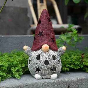 Jy.Cozy Garden Gnome Statue - Resin Dwarf Figurines Solar Led Lights, Outdoor Spring Decorations for Patio Yard Lawn Porch, Handmade Ornament Gift