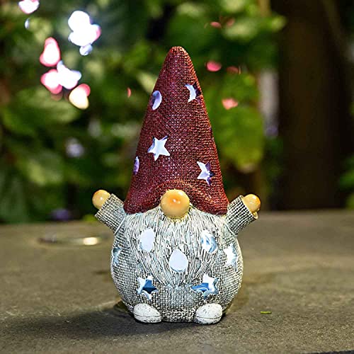 Jy.Cozy Garden Gnome Statue - Resin Dwarf Figurines Solar Led Lights, Outdoor Spring Decorations for Patio Yard Lawn Porch, Handmade Ornament Gift