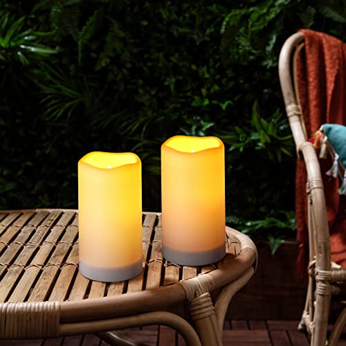 Solar flameless Candles Outdoor Waterproof,Dusk to Dawn Outdoor Lighting, Flickering fameless Reusable LED Light Candles for Lantern Garden Camping and Home Decor , 3D Wick (3"X6") Set of 2