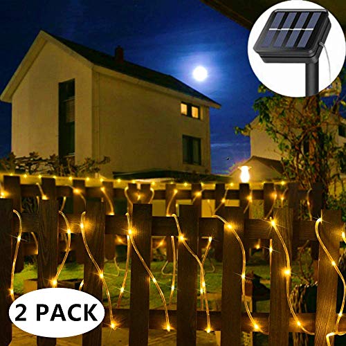 LiyuanQ Solar String Lights Outdoor Rope Lights, 2 Pack 8 Modes 100 LED Solar Powered Outdoor Waterproof Tube Light Copper Wire Fairy Lights for Garden Fence Yard Party Wedding Decor (Warm White)