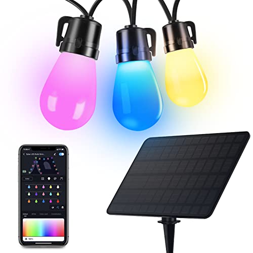 ASAHOM Solar Powered Outdoor String Lights Color Changing, 48ft Waterproof Solar RGB Patio Lights with 15 Dimmable Shatterproof Warm White LED Bulbs, 5000mAh Solar Panel Capacity for Garden Gazebo