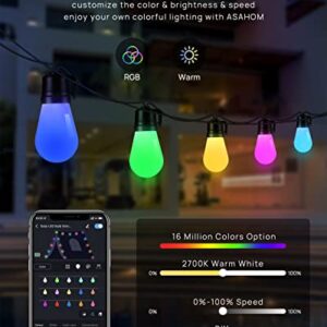 ASAHOM Solar Powered Outdoor String Lights Color Changing, 48ft Waterproof Solar RGB Patio Lights with 15 Dimmable Shatterproof Warm White LED Bulbs, 5000mAh Solar Panel Capacity for Garden Gazebo