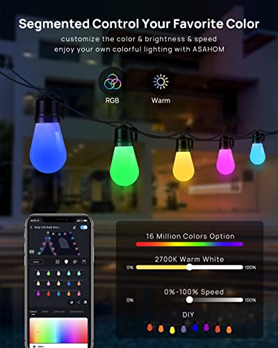 ASAHOM Solar Powered Outdoor String Lights Color Changing, 48ft Waterproof Solar RGB Patio Lights with 15 Dimmable Shatterproof Warm White LED Bulbs, 5000mAh Solar Panel Capacity for Garden Gazebo