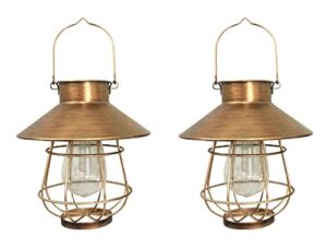 solar light outdoor, 2 pack retro metal wireless hanging solar lanterns with warm white edison bulb waterproof for gazebo garden yard farmhouse decor (bronze)