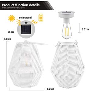 Outdoor Solar Lantern Hanging Decorative Solar Rattan White Lanterns with Handle Large Solar Table Lamp Waterproof for Patio Garden Wedding Home Decor