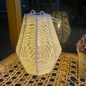 Outdoor Solar Lantern Hanging Decorative Solar Rattan White Lanterns with Handle Large Solar Table Lamp Waterproof for Patio Garden Wedding Home Decor