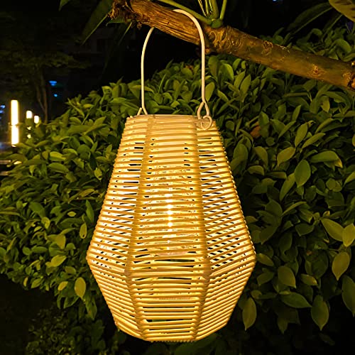 Outdoor Solar Lantern Hanging Decorative Solar Rattan White Lanterns with Handle Large Solar Table Lamp Waterproof for Patio Garden Wedding Home Decor