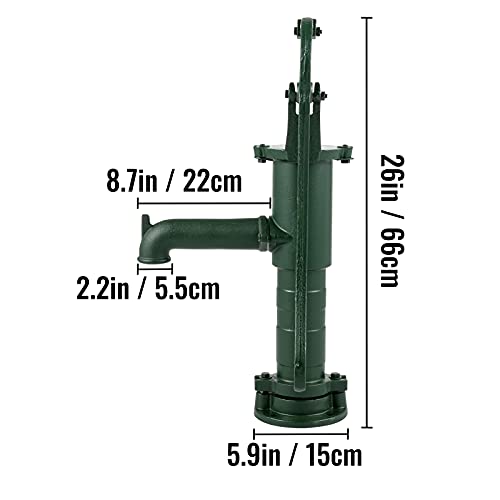 VEVOR Antique Hand Water Pump 14.6 x 5.9 x 26 inch Pitcher Pump w/Handle Cast Iron Well Pump w/ Pre-set 0.5" Holes for Easy Installation Old Fashion Pitcher Hand Pump for Home Yard Ponds Garden Green