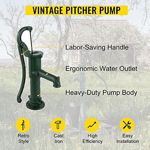 VEVOR Antique Hand Water Pump 14.6 x 5.9 x 26 inch Pitcher Pump w/Handle Cast Iron Well Pump w/ Pre-set 0.5" Holes for Easy Installation Old Fashion Pitcher Hand Pump for Home Yard Ponds Garden Green