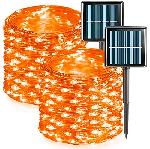 QITONG Orange Solar Fairy Lights Outdoor Waterproof, 2 Pack Each 66ft 200 LED Solar String Lights, 8 Modes Silver Wire Solar Twinkle Lights for Garden Yard Patio Fence Decoration