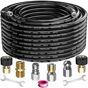 pohir sewer jetter kit for pressure washer 50 ft, hydro drain jetter cleaner hose with 1/4 female npt, button nose, rotating sewer jet nozzle and pressure washer adapter, 4000 psi drain cleaner hose