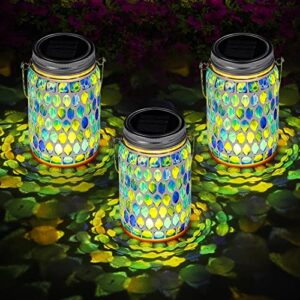 3 pieces solar powered mosaic lights, outdoor hanging solar lantern lamp waterproof table lamp mosaic night light for tree, garden, patio, party, yard, outdoor, indoor decorations (blue)