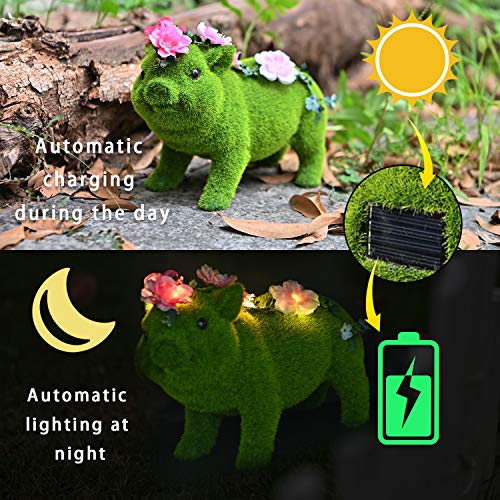 ASAWASA Flocking Pig Solar Garden Statues and Sculptures Outdoor Decor,Garden Figurines with Solar Powered Lights for Patio,Lawn,Yard Art Decoration,Housewarming Garden Gift,10.4x5.0x7.1 Inch