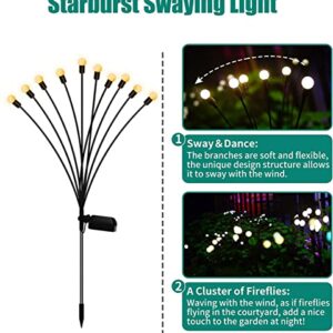 Solar Outdoor Lights 2 Pack 10leds Solar Firefly Lights Outdoor Waterproof Starburst Swaying Solar Garden Lights, Sway By Wind, Christmas Outdoor Solar Lights Decorative For Yard Pathway Warm White