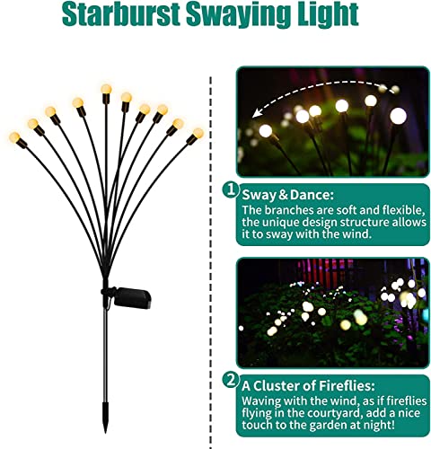 Solar Outdoor Lights 2 Pack 10leds Solar Firefly Lights Outdoor Waterproof Starburst Swaying Solar Garden Lights, Sway By Wind, Christmas Outdoor Solar Lights Decorative For Yard Pathway Warm White