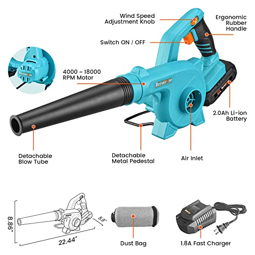 Berserker 20V Leaf Blower Cordless 2.0Ah Battery Operated and Charger Included,2-in-1 Compact Electric Powered Handheld Lightweight Variable-Speed Yard Vacuum for Lawn Care,Snow Blowing,Dust Cleaning