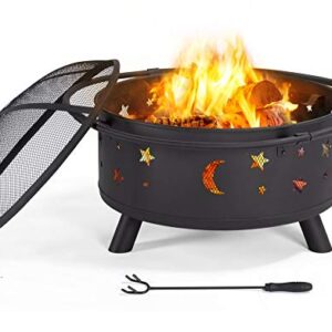 Topeakmart 30 Inch Backyard Fire Pit Iron Brazier Wood Burning Coal with Sky Stars and Moons Pit Fire Bowl Stove for Outside Camping Patio Garden Black