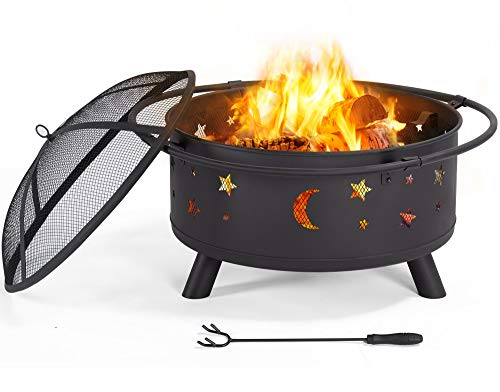 Topeakmart 30 Inch Backyard Fire Pit Iron Brazier Wood Burning Coal with Sky Stars and Moons Pit Fire Bowl Stove for Outside Camping Patio Garden Black