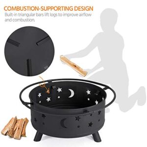 Topeakmart 30 Inch Backyard Fire Pit Iron Brazier Wood Burning Coal with Sky Stars and Moons Pit Fire Bowl Stove for Outside Camping Patio Garden Black