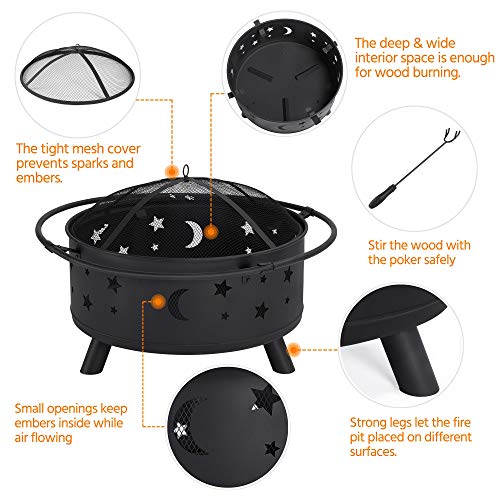 Topeakmart 30 Inch Backyard Fire Pit Iron Brazier Wood Burning Coal with Sky Stars and Moons Pit Fire Bowl Stove for Outside Camping Patio Garden Black