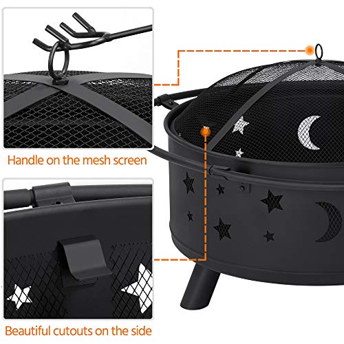 Topeakmart 30 Inch Backyard Fire Pit Iron Brazier Wood Burning Coal with Sky Stars and Moons Pit Fire Bowl Stove for Outside Camping Patio Garden Black