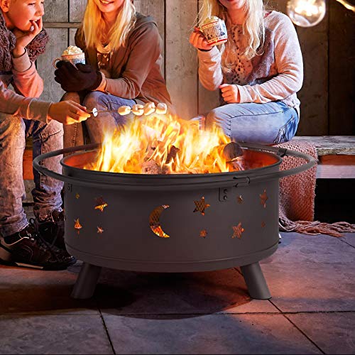 Topeakmart 30 Inch Backyard Fire Pit Iron Brazier Wood Burning Coal with Sky Stars and Moons Pit Fire Bowl Stove for Outside Camping Patio Garden Black