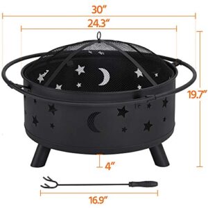 Topeakmart 30 Inch Backyard Fire Pit Iron Brazier Wood Burning Coal with Sky Stars and Moons Pit Fire Bowl Stove for Outside Camping Patio Garden Black