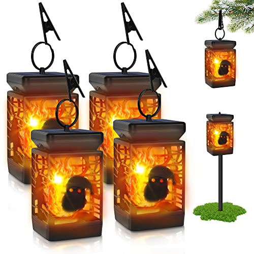 4 Pack Solar Outdoor Lights, AOUNQ 2 in 1 Flickering Flame Solar Hanging Lanterns Outdoor Christmas Decorations, Solar Christmas Lights Outdoor Waterproof LED Flame Lights for Garden Patio Yard Decor