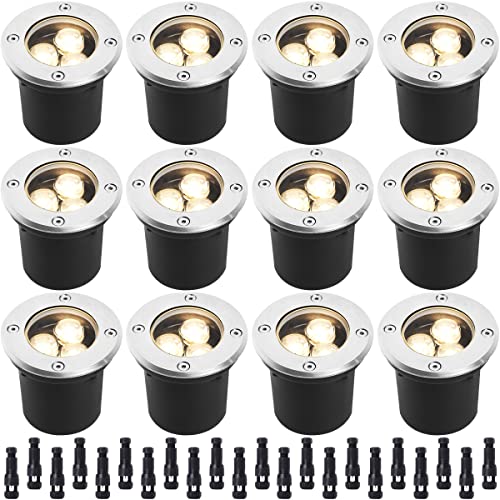 3W Led Low Voltage Landscape Lighting with Wire Connectors,Led Well Lights,12V In Ground Lights and Landscape Lights IP67 Waterproof for Garden, Driveway, Deck,Tree Up lights( Warm White 12 Pack)