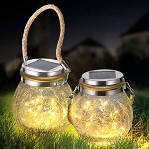 solar hanging lanterns outdoor waterproof, table lamps decorative cracked glass jar 30 led lights for garden tree court yard patio pathway christmas day holiday party decoration (2, warm light)