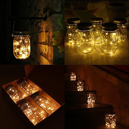 WERTIOO 4 Pack Solar Mason Jars Lights, 30 LEDs Hanging Solar Lanterns Garden Decor Outdoor Lights Warm White Table Decor Fairy Lights for Balcony Patio Porch Christmas Party