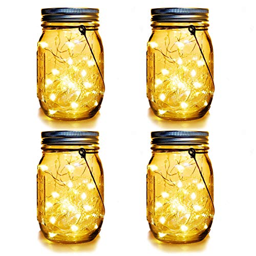 WERTIOO 4 Pack Solar Mason Jars Lights, 30 LEDs Hanging Solar Lanterns Garden Decor Outdoor Lights Warm White Table Decor Fairy Lights for Balcony Patio Porch Christmas Party